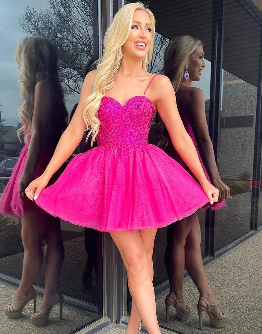 Glitter Cute A-Line Homecoming Dress with Beading – Koutun Dress