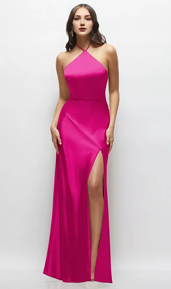 High Halter Tie-Strap Open-Back Satin Maxi Dress Long Bridesmaid Dress ...