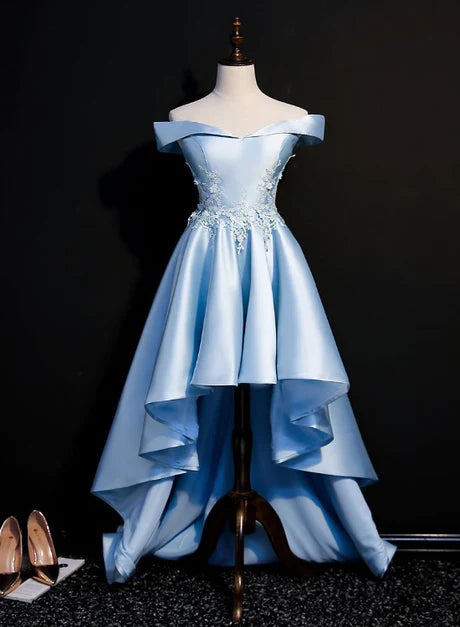 Light Blue Satin with Lace Applique High Low Homecoming Dress, Blue Sh ...