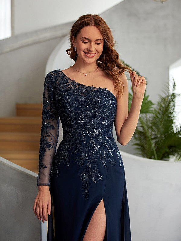 Sheath/Column Chiffon Applique One-Shoulder Long Sleeves Floor-Length ...